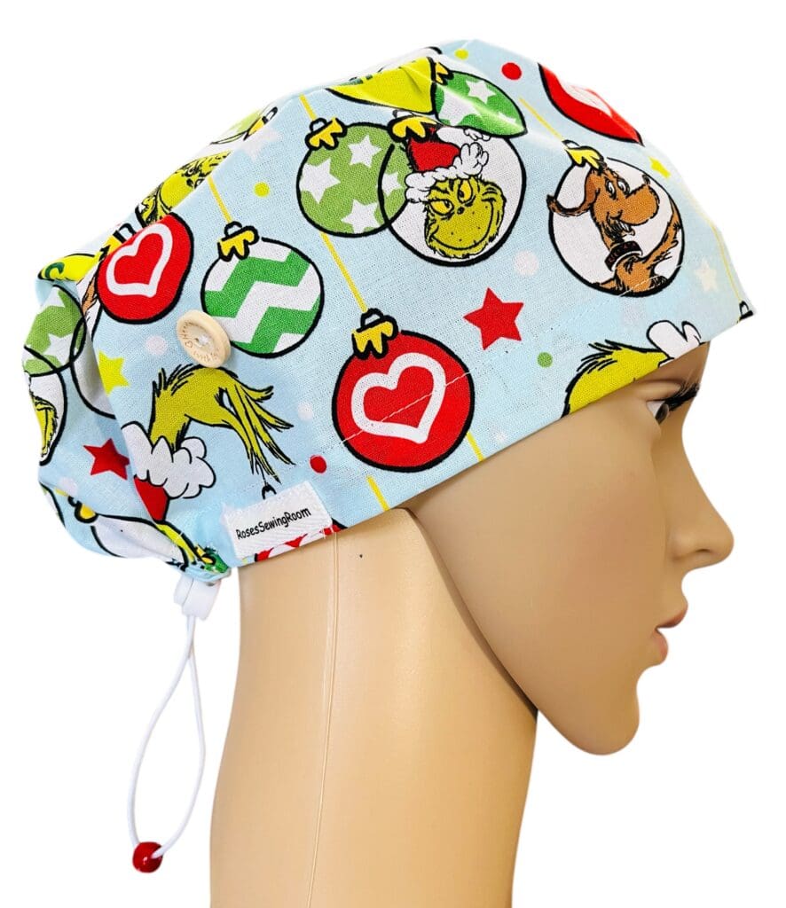 Christmas Crinch on Blue Scrub Cap - Roses Sewing Room