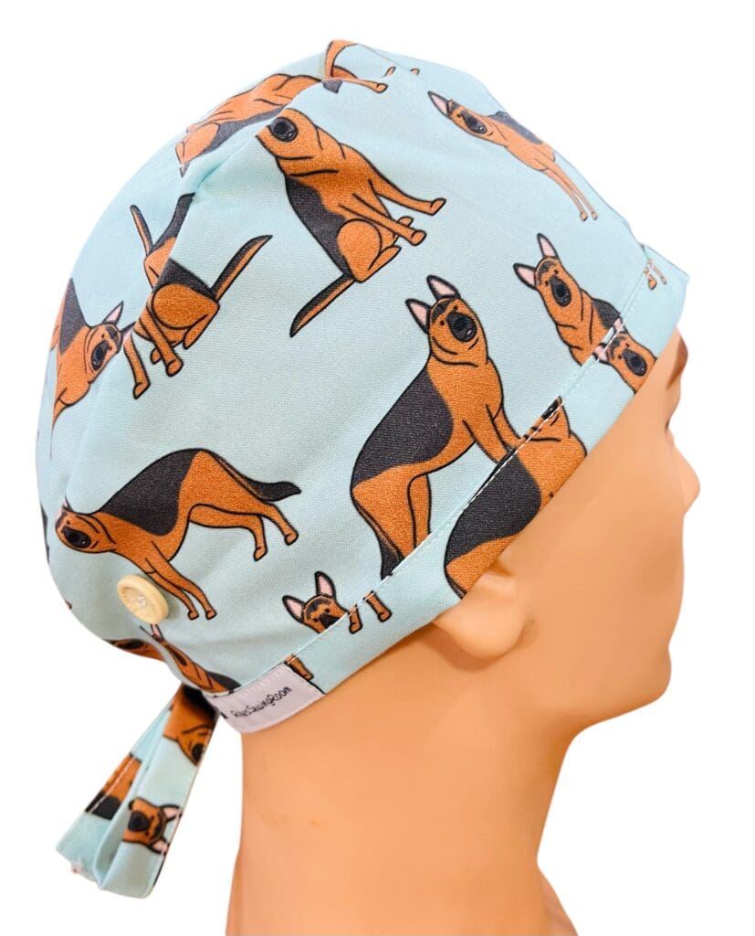 German Shepherd on Blue Scrub Cap FABRIC TIE - Roses Sewing Room